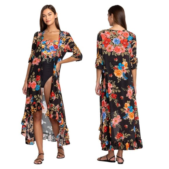 Johnny Was | Swim | Johnny Was Black Royal Print Long Ruffle Kimono ...